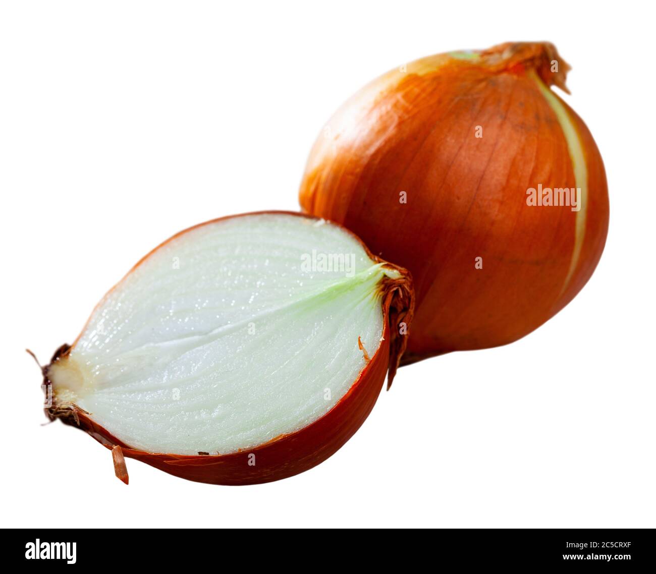 Fresh halved and whole yellow onion bulbs. Isolated over white ...