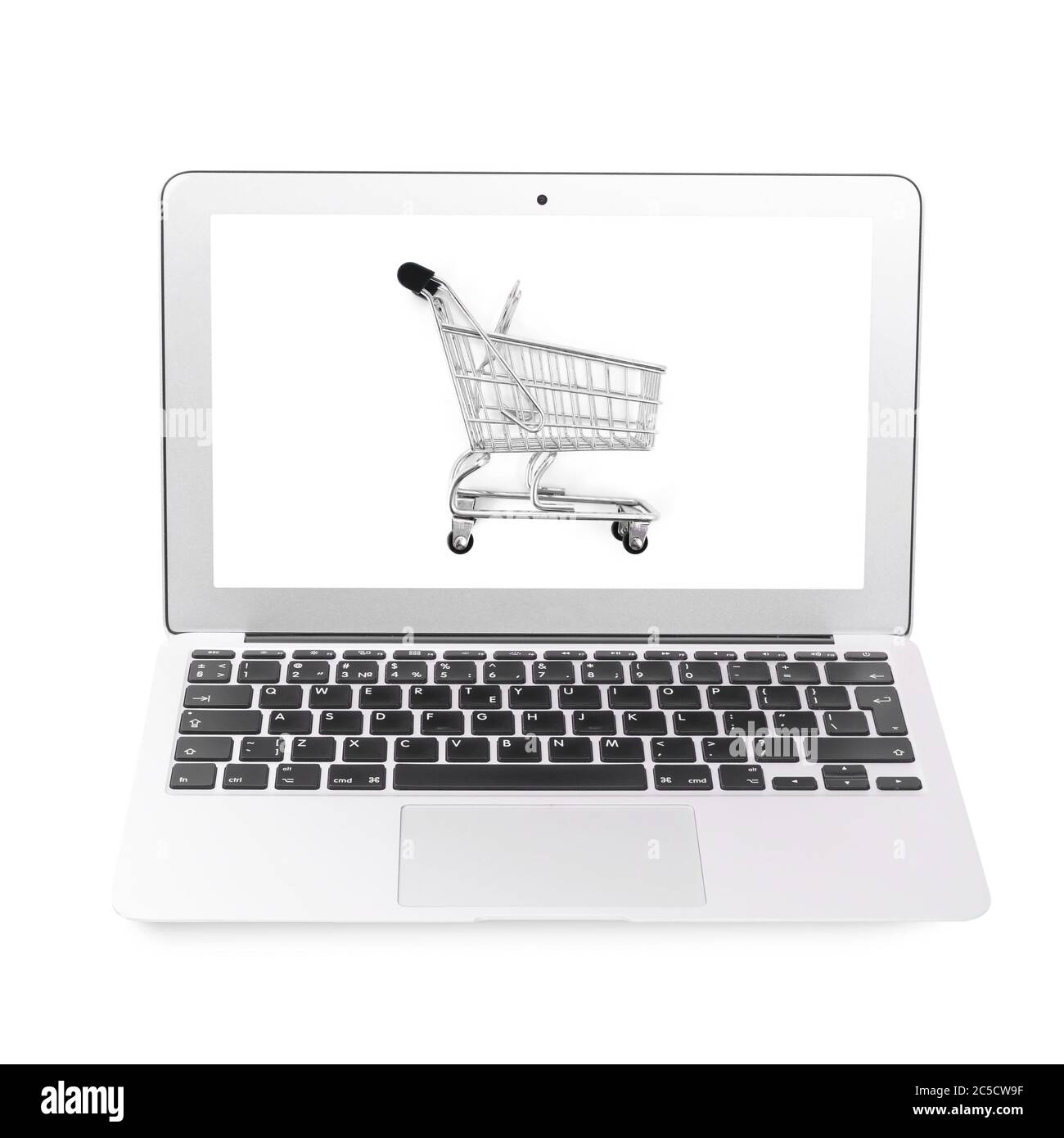 Laptop with shopping cart on the display isolated over white background ...
