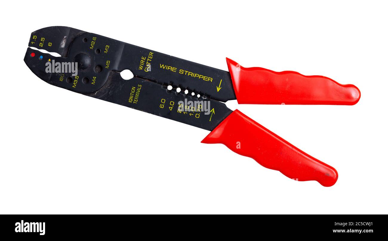 Wire stripper with red plastic handles. Handheld wiring device ...