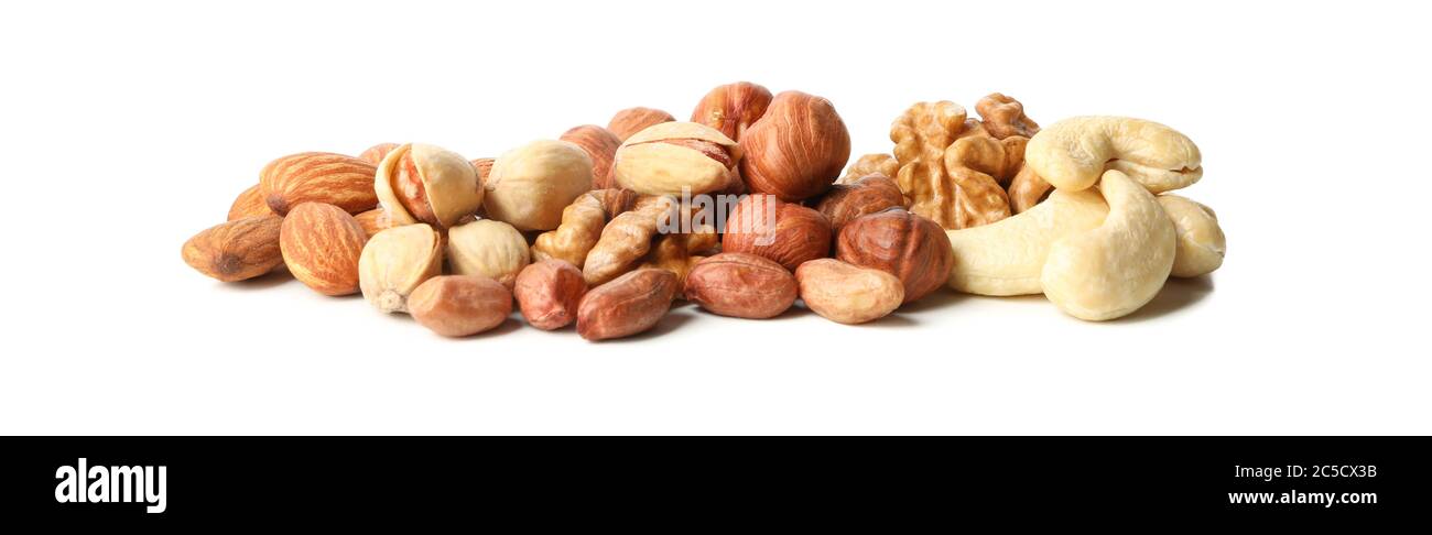 Different tasty nuts isolated on white background. Vitamin food Stock ...