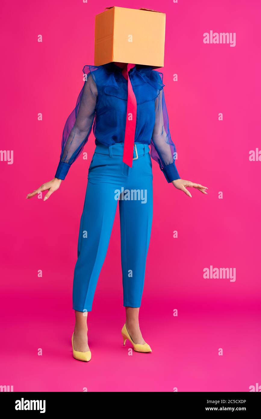 fashionable girl with cardboard box on head on pink Stock Photo - Alamy