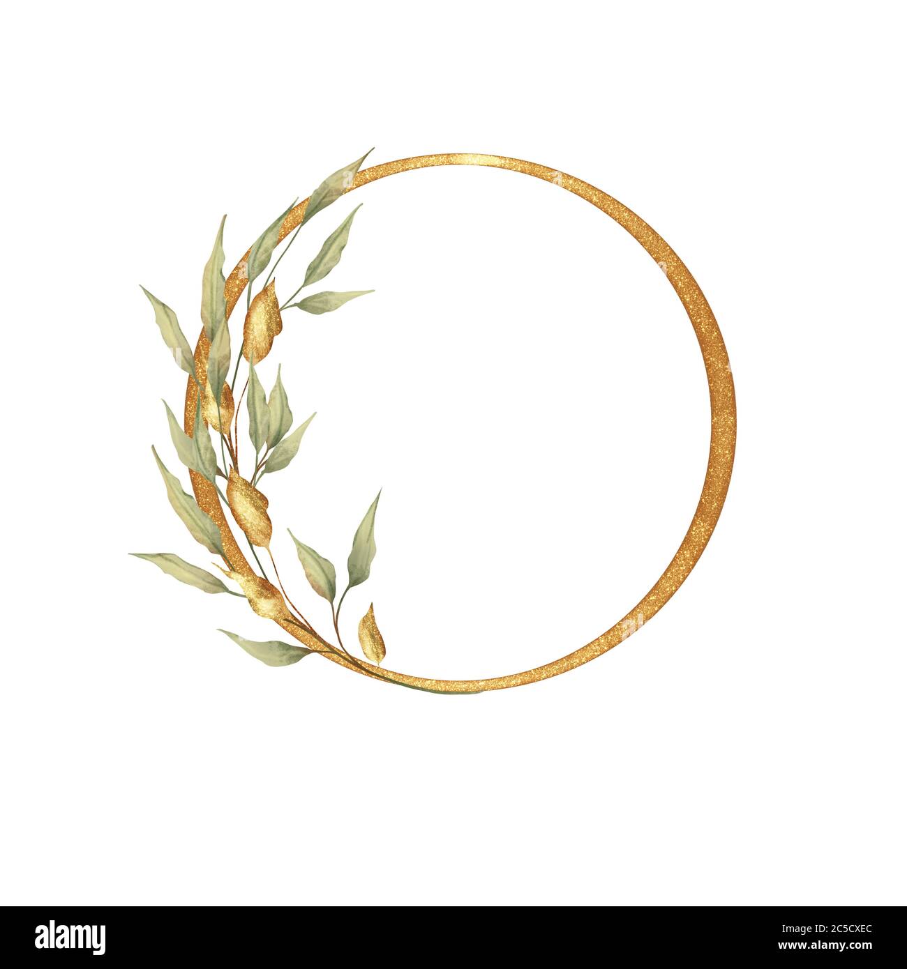 Watercolor green leaves and gold round frame Stock Photo - Alamy