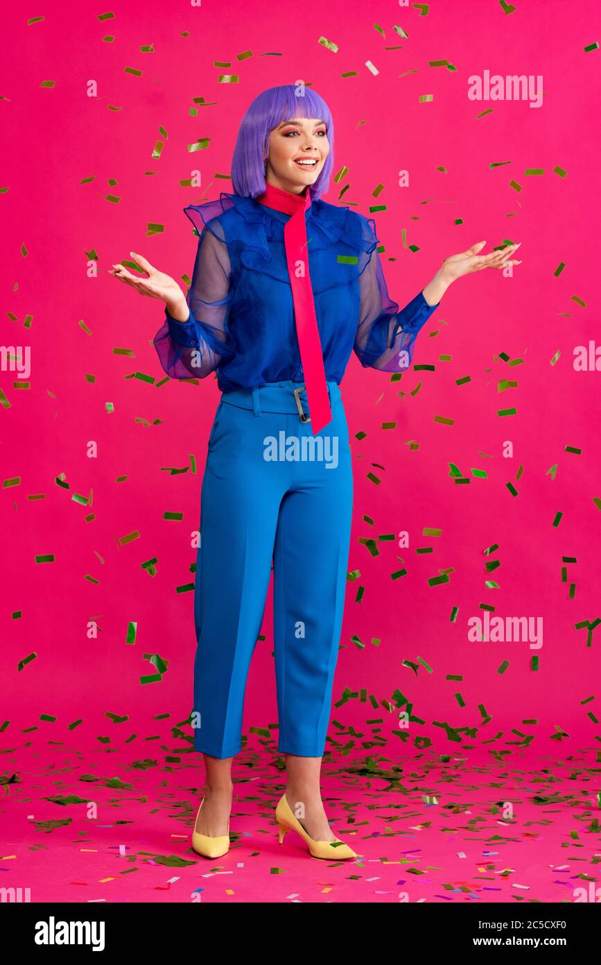 beautiful happy pop art girl on party with confetti, on pink Stock ...