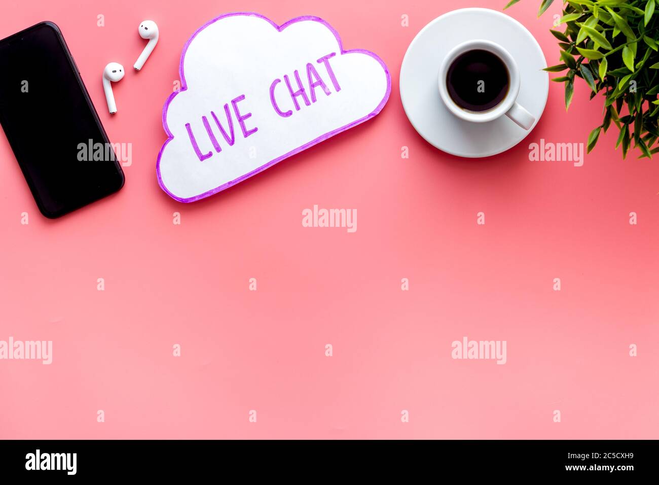 Live chat conversation message concept. Office desktop top view Stock ...