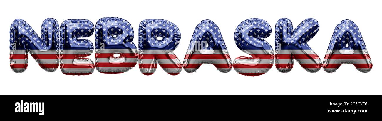 Nebraska USA state stars and stripes foil balloon word. 3D Rendering ...