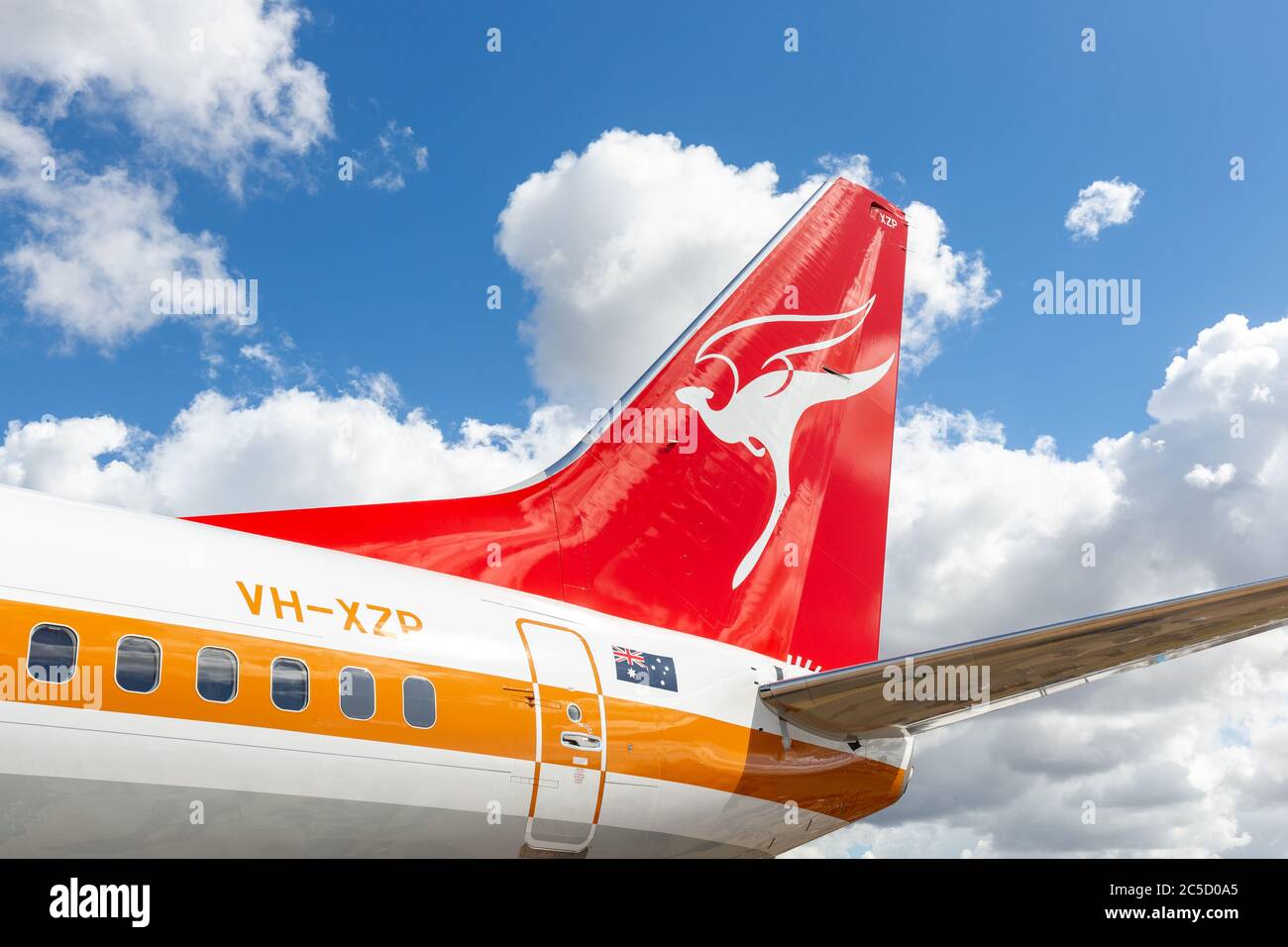 Tail of Qantas Boeing 737 VH-XZP known as Retro Roo which wears a ...