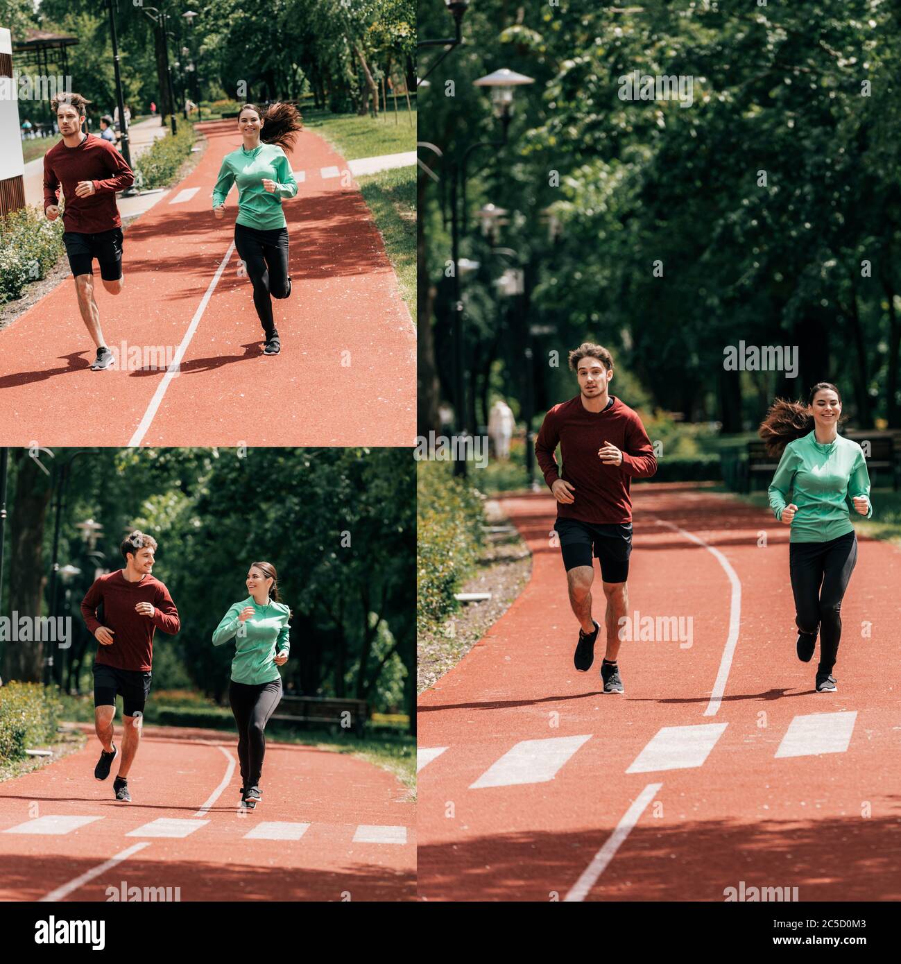 Collage of couple training together while jogging on running track in ...