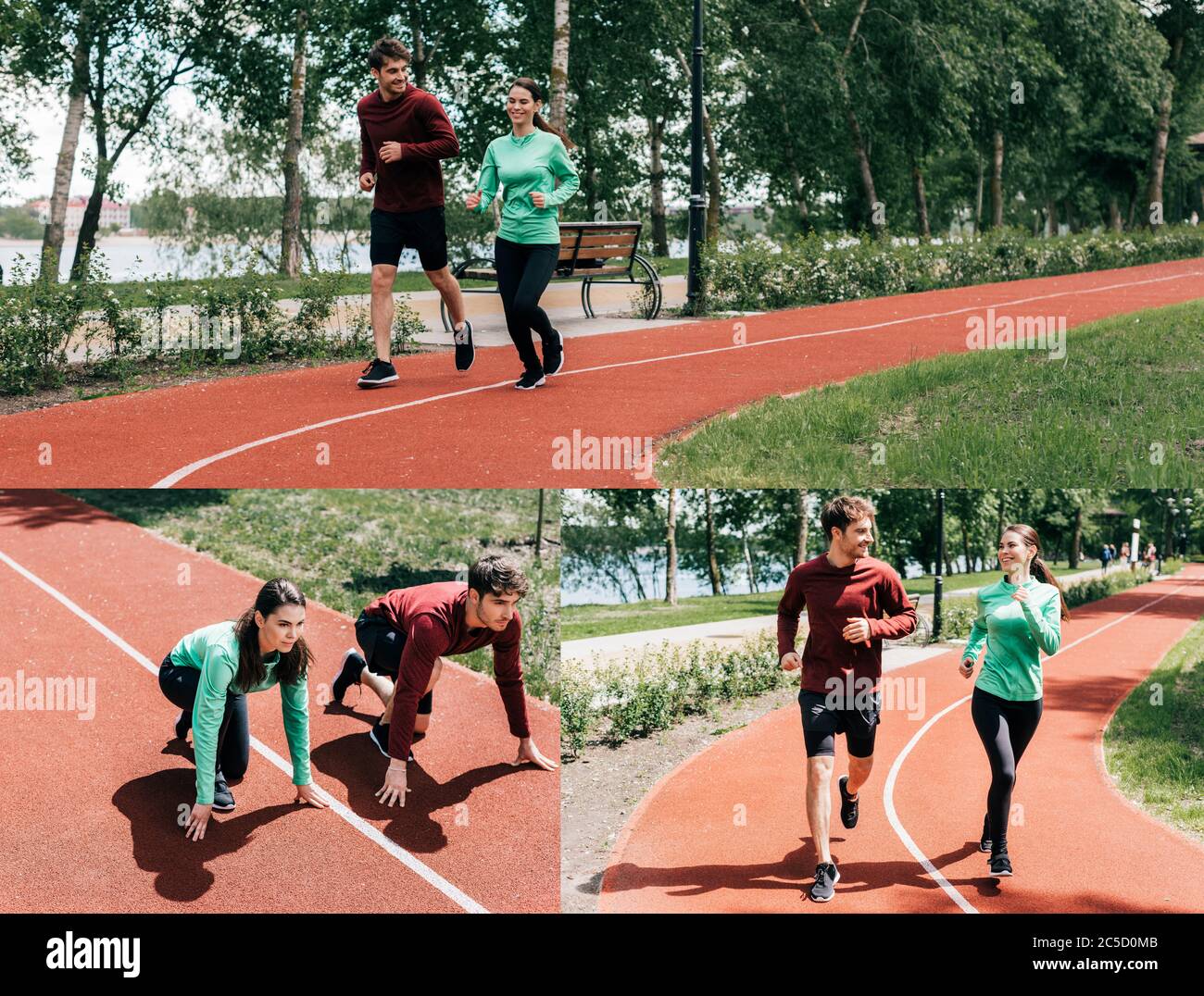 Collage of smiling young couple jogging on running track in park Stock ...