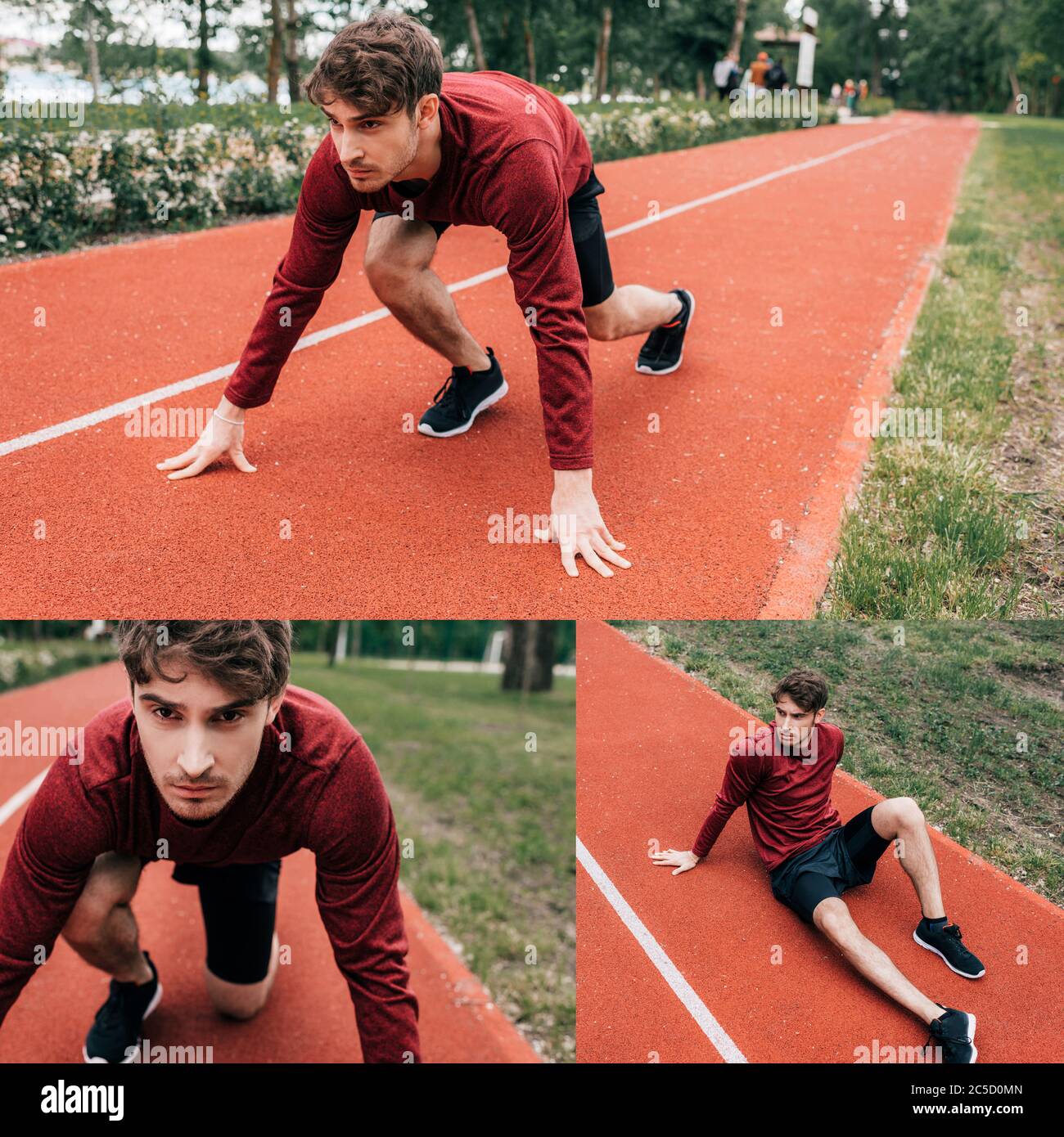 Collage of handsome man standing in starting position and sitting on ...