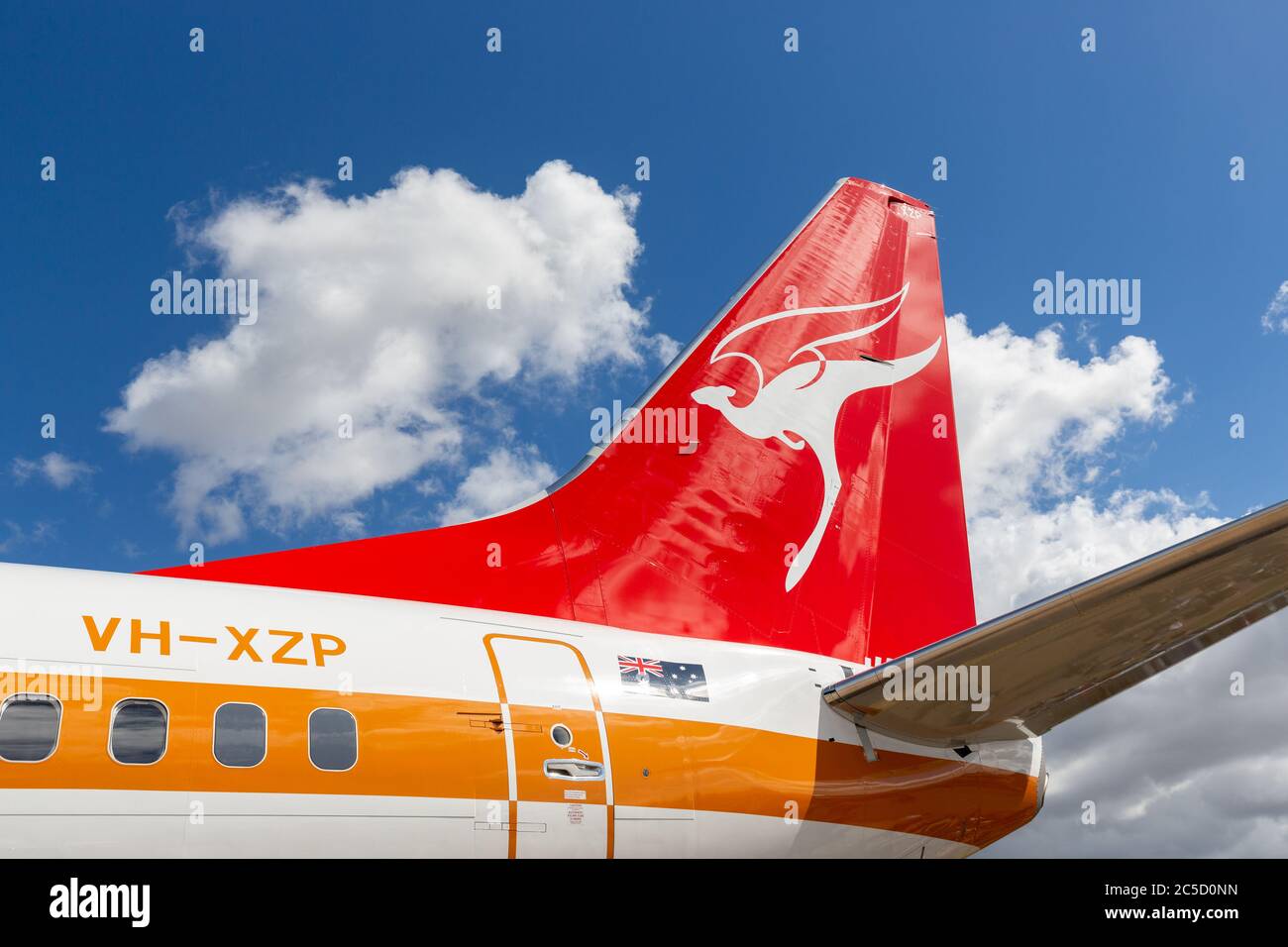 Tail of Qantas Boeing 737 VH-XZP known as Retro Roo which wears a ...
