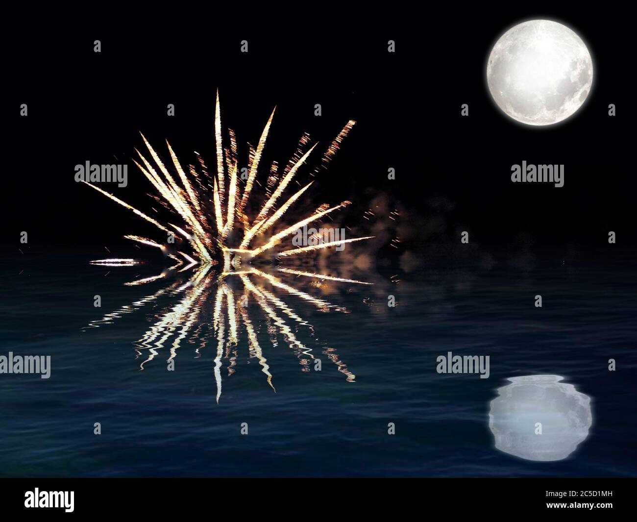 Dark sky with full moon and fireworks in sea reflection Stock Photo - Alamy