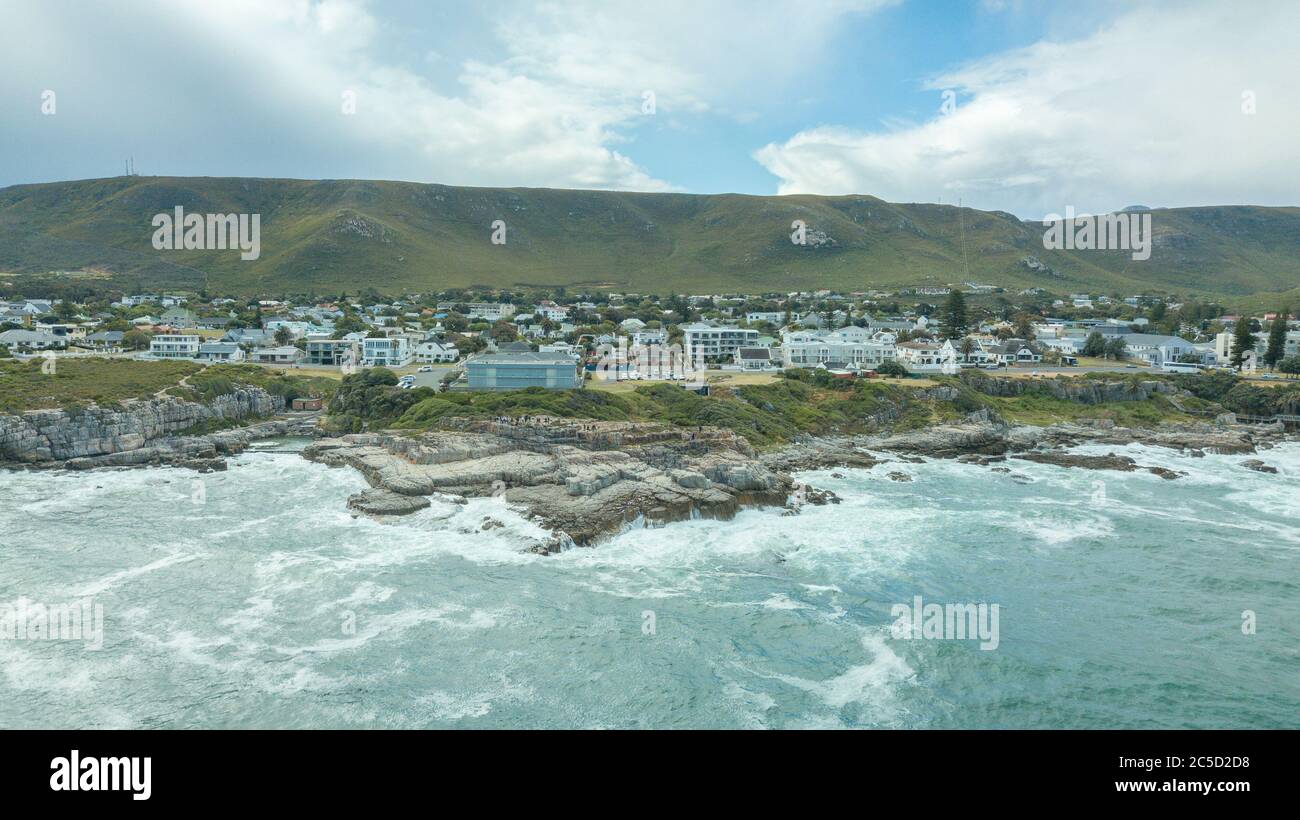 aerial views of Hermanus city bay, located in south africa, in famous ...