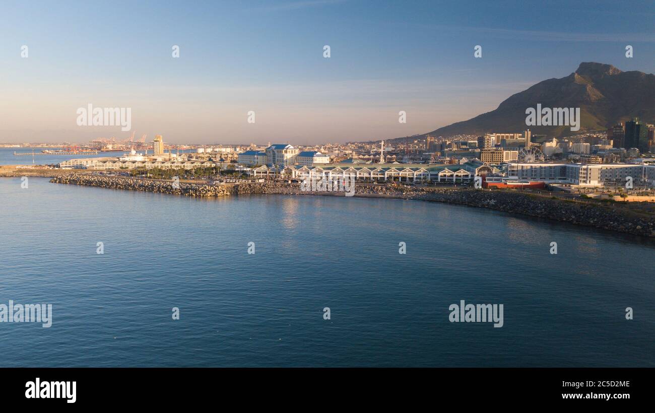 aerial view of the waterfront in cape town with the table mountain ...