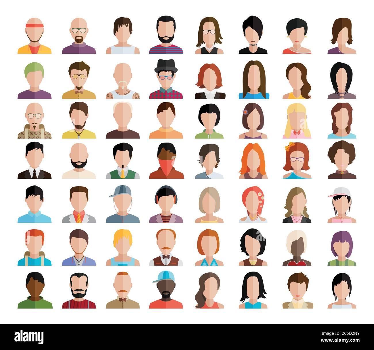 Set of people icons in flat style with faces. Vector women, men ...