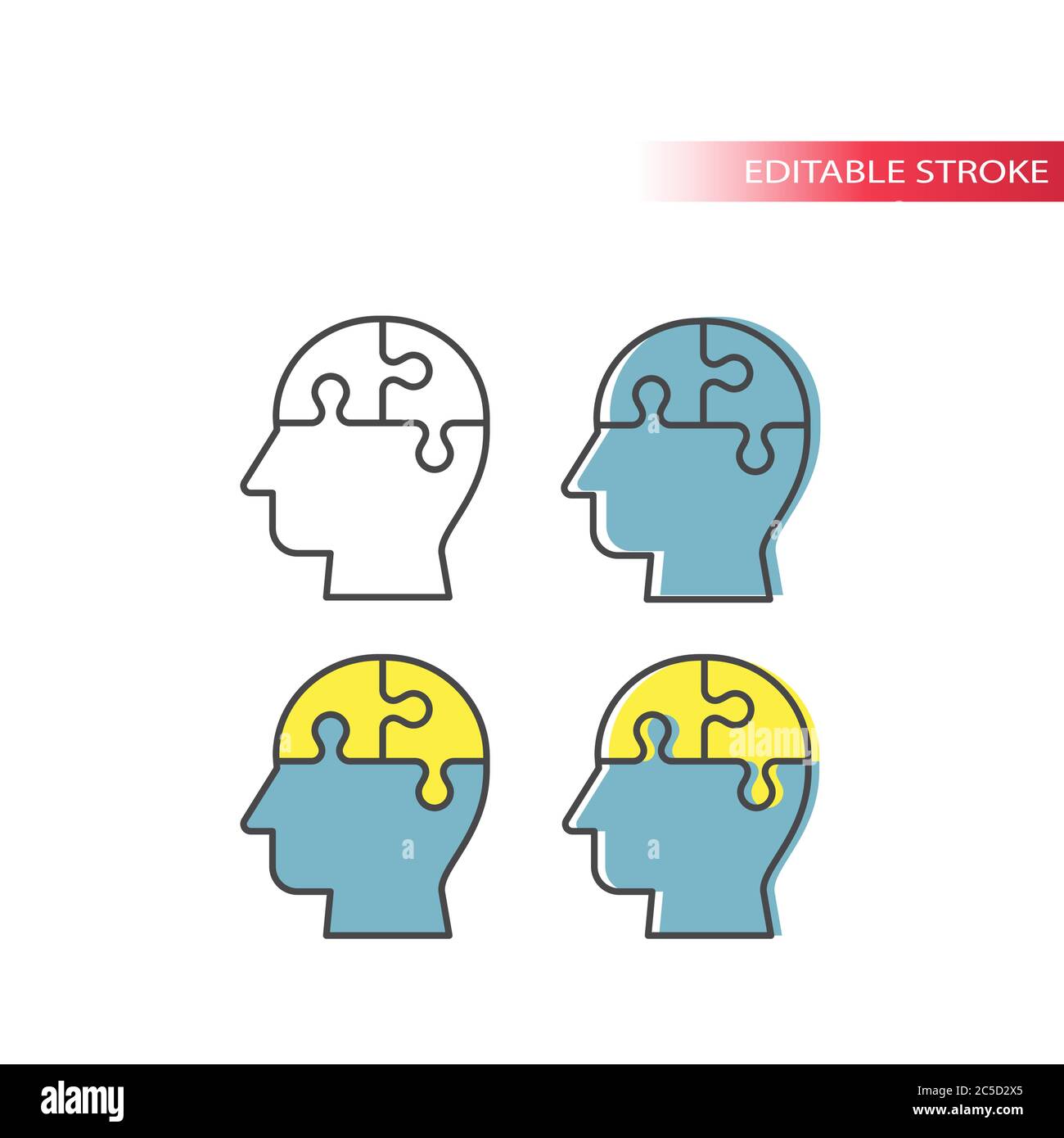 Human head with jigsaw puzzle brain, creative idea concept thin line ...