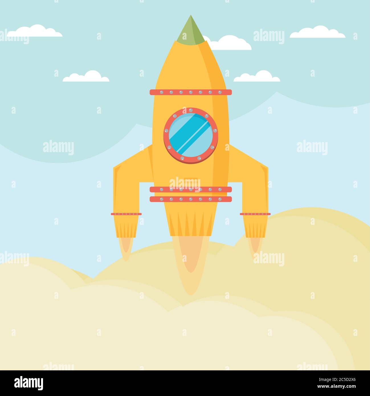 Space rocket flying in sky, flat design colored vector illustration ...