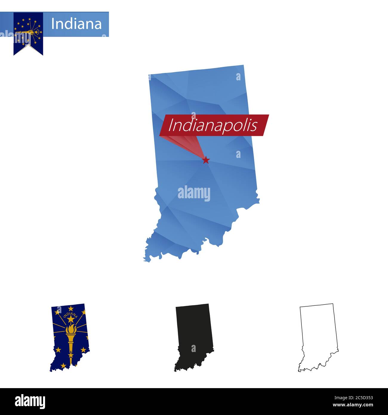 State Of Indiana Blue Low Poly Map With Capital Indianapolis Versions