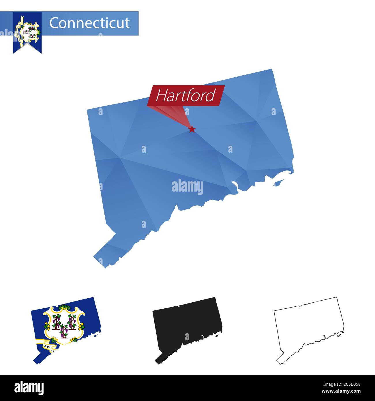 State of Connecticut blue Low Poly map with capital Hartford, versions ...