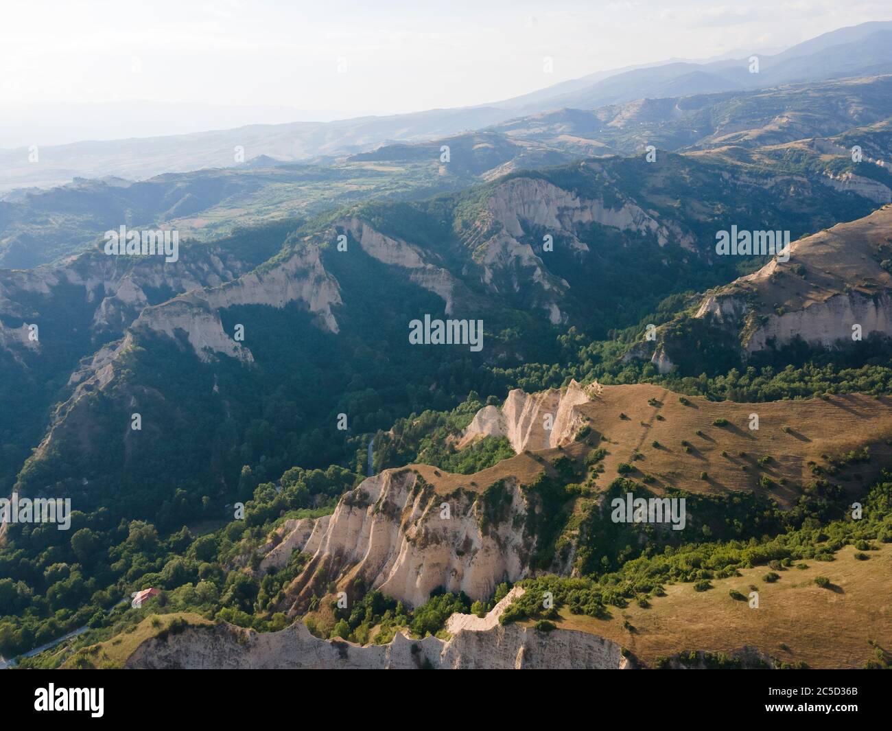 Aerial view of Melnik sand pyramids, Blagoevgrad region, Bulgaria Stock ...
