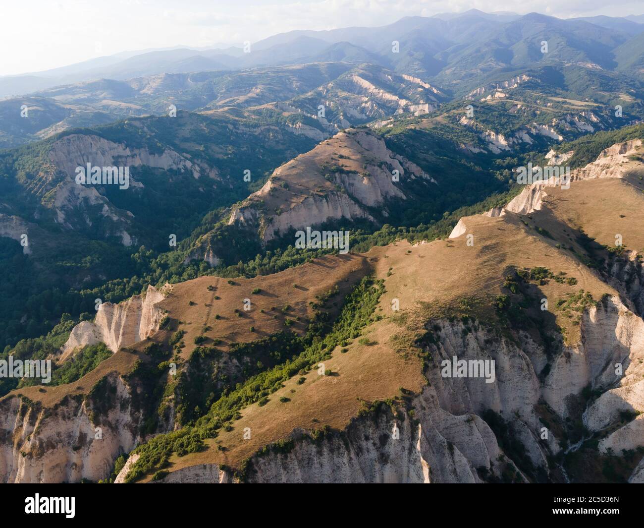 Aerial view of Melnik sand pyramids, Blagoevgrad region, Bulgaria Stock ...