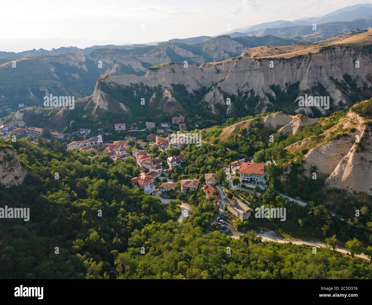 Aerial view of Melnik sand pyramids, Blagoevgrad region, Bulgaria Stock ...