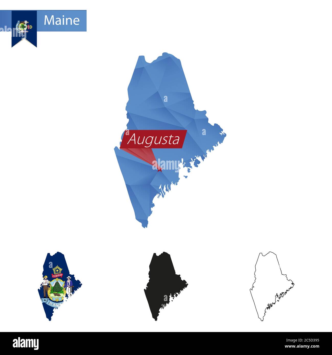 State of Maine blue Low Poly map with capital Augusta, versions with ...