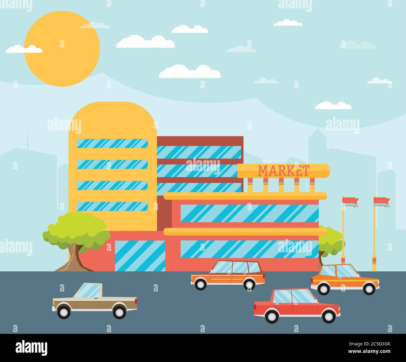 Supermarket building facade with parking in front of it, flat vector ...