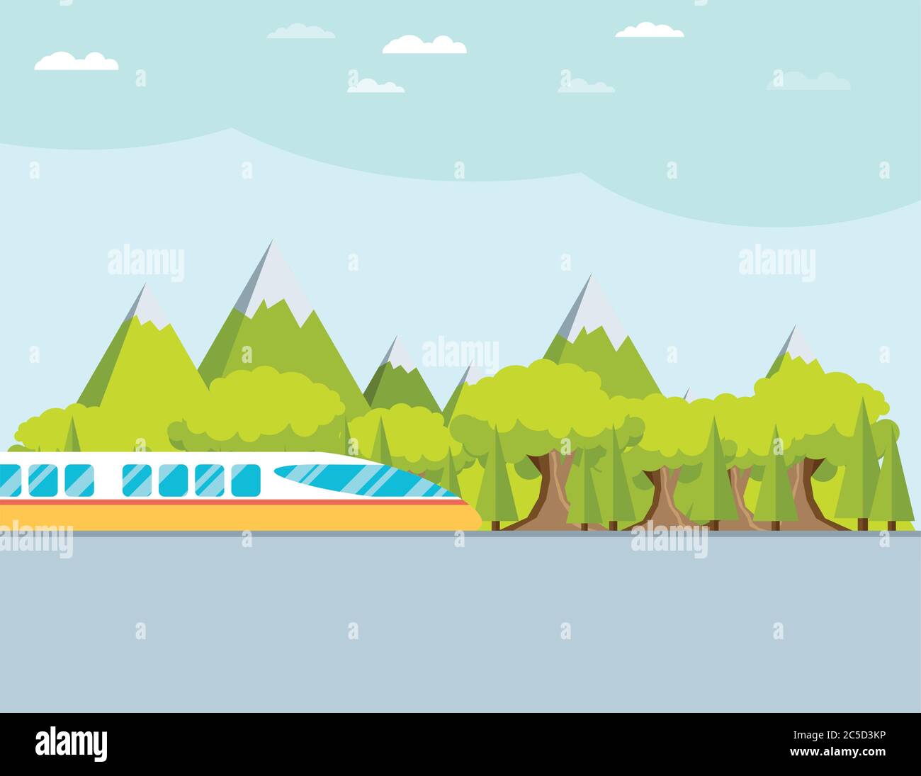 Train on railway with forest and mountains background. Flat style ...