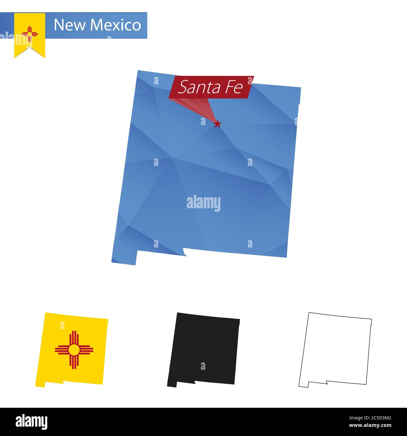 State of New Mexico blue Low Poly map with capital Santa Fe, versions ...