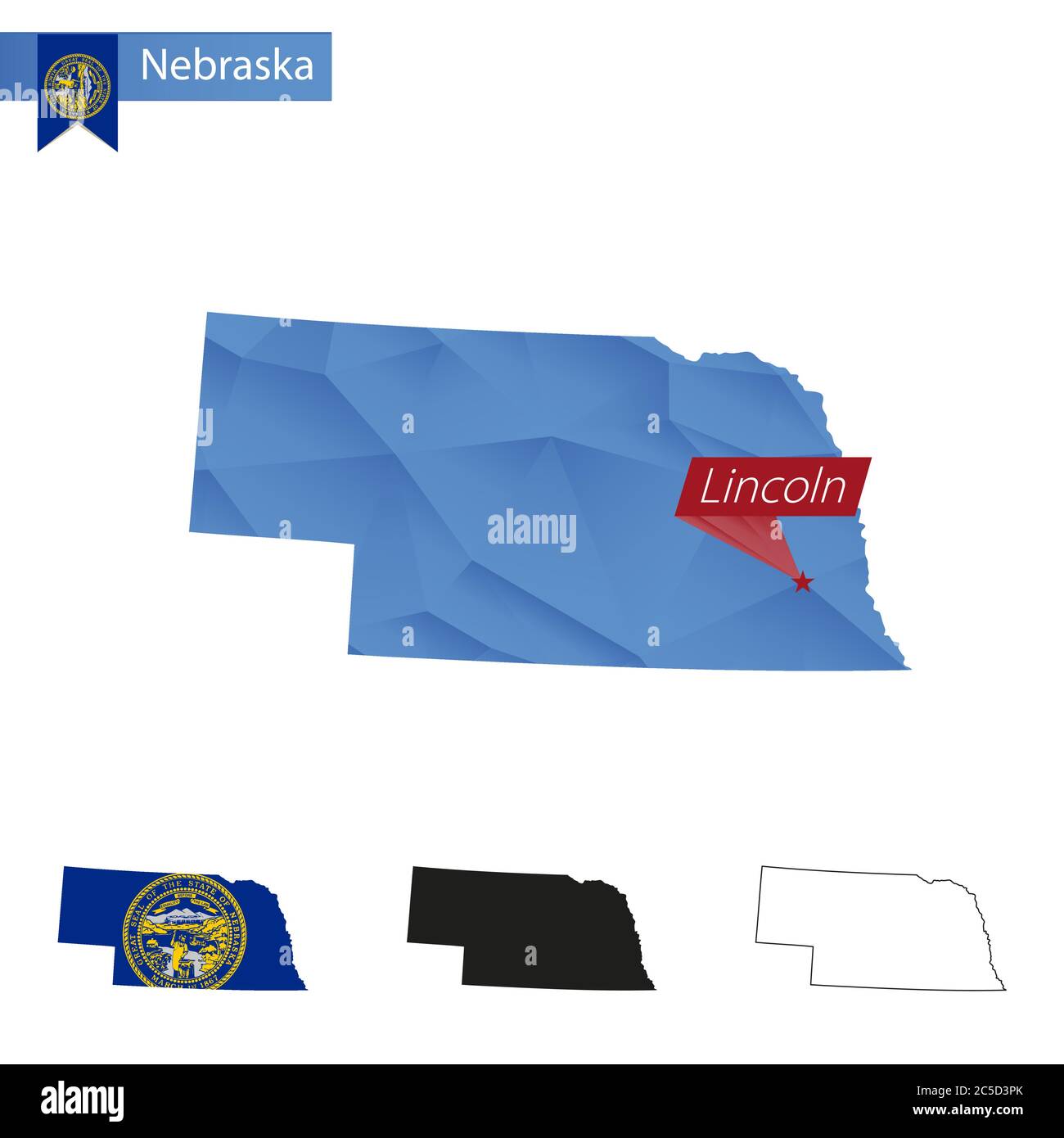State of Nebraska blue Low Poly map with capital Lincoln, versions with ...
