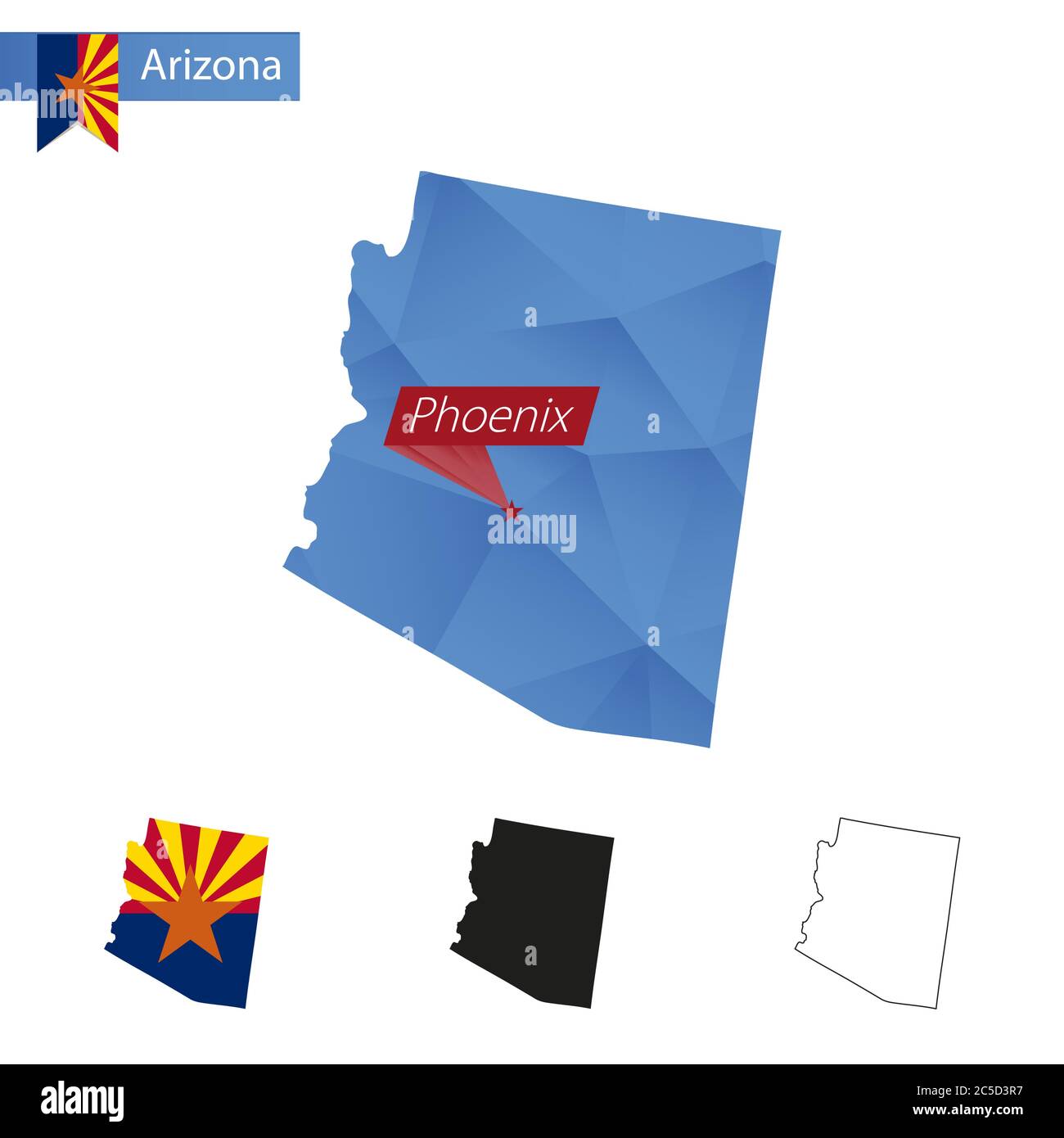 State of Arizona blue Low Poly map with capital Phoenix, versions with ...
