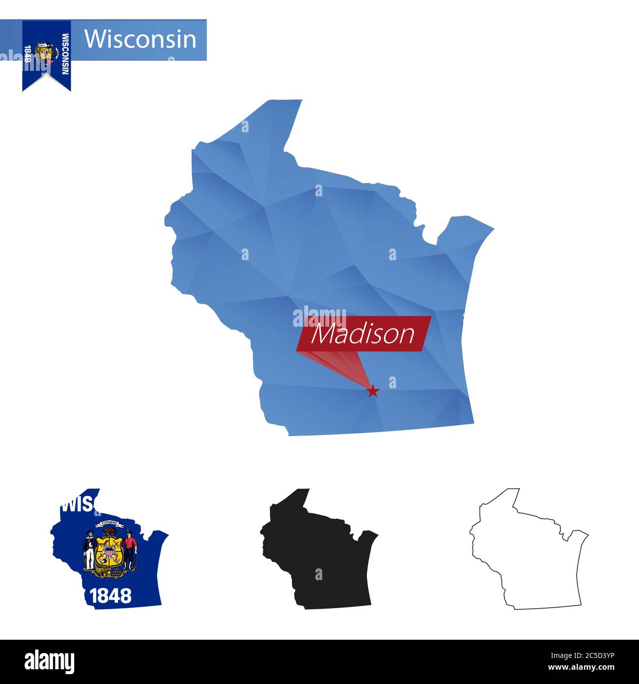State of Wisconsin blue Low Poly map with capital Madison, versions ...