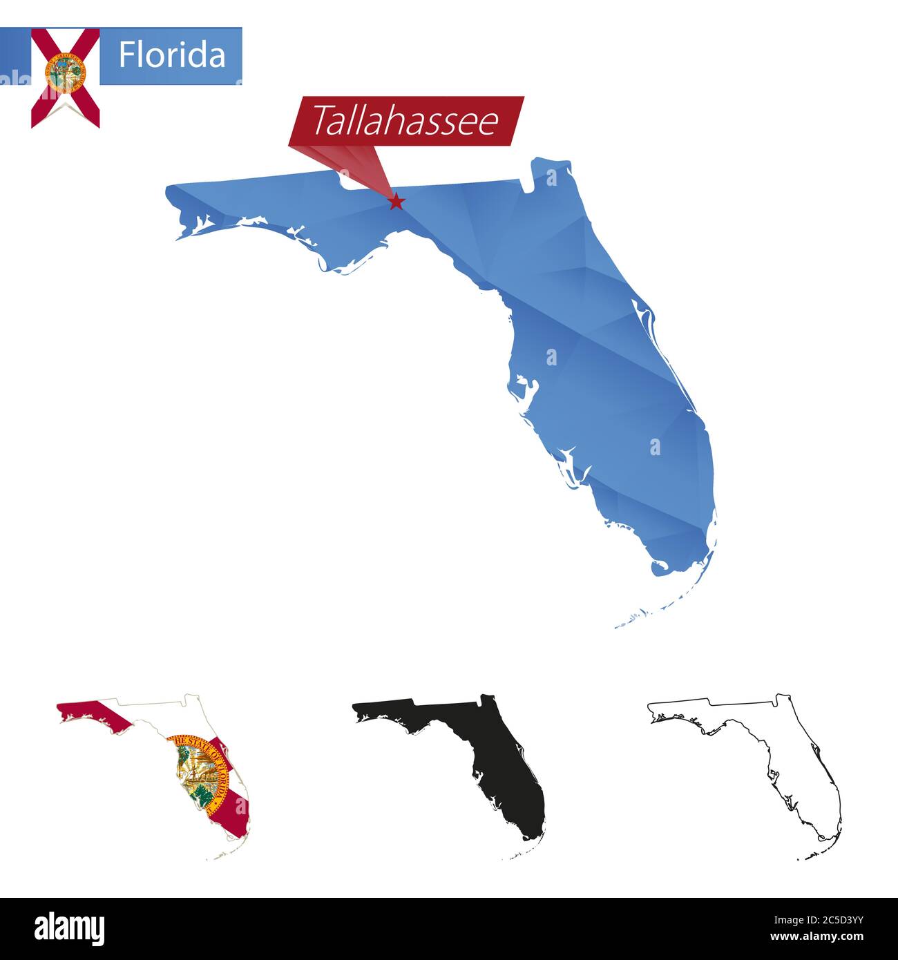 State of Florida blue Low Poly map with capital Tallahassee, versions ...
