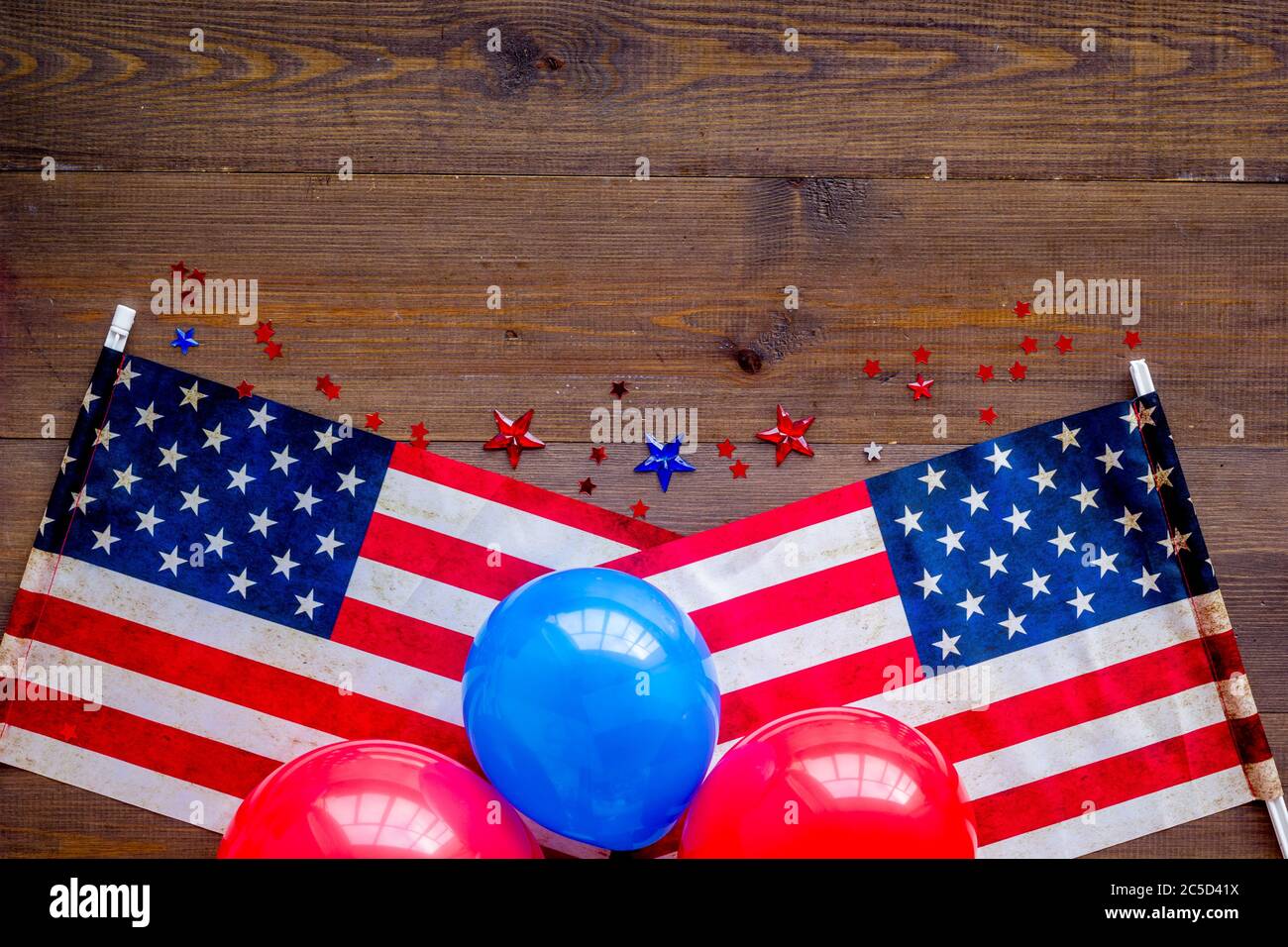 4th July greeting card with American flag and balloons flat lay copy ...