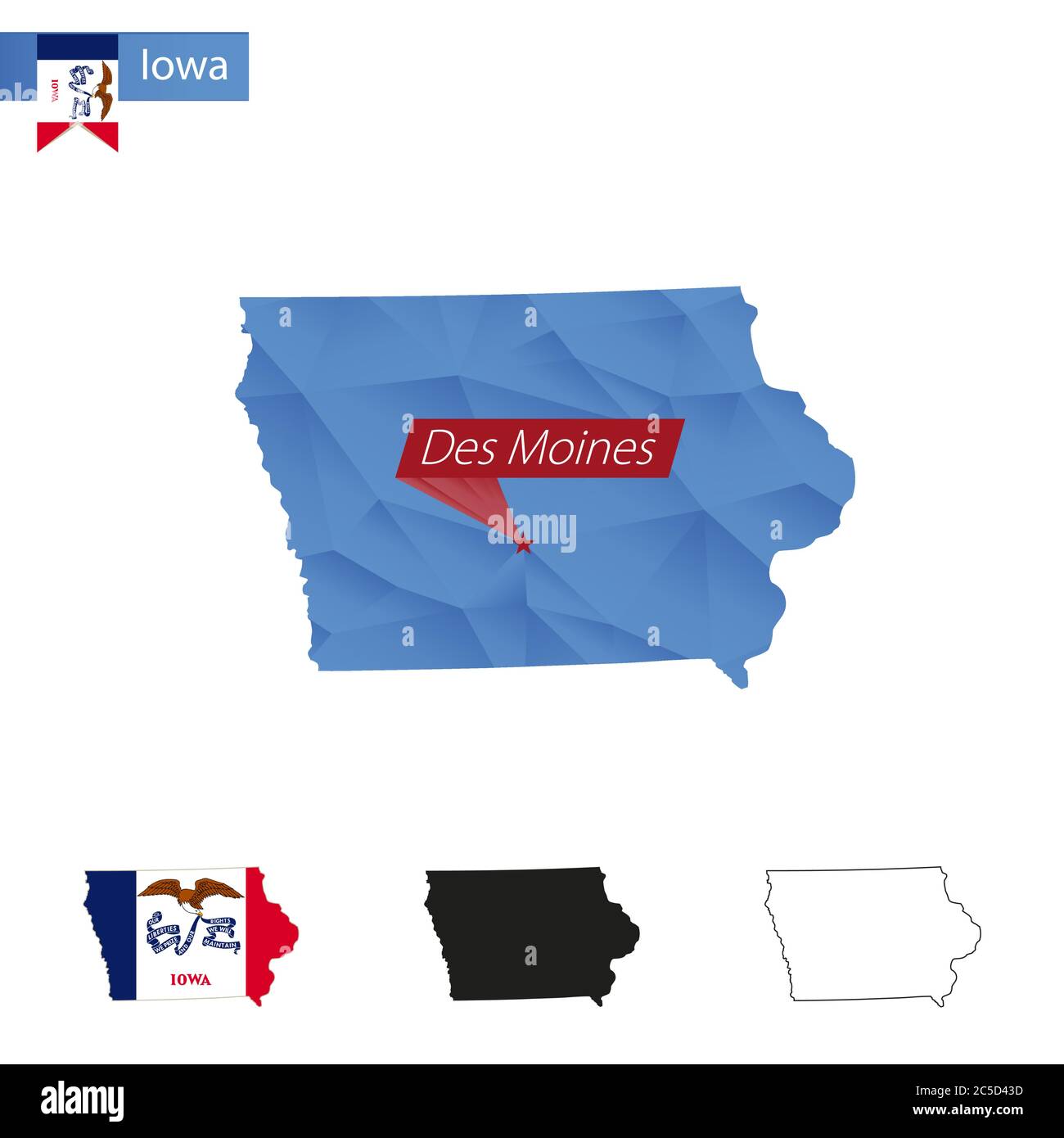 State of Iowa blue Low Poly map with capital Des Moines, versions with ...