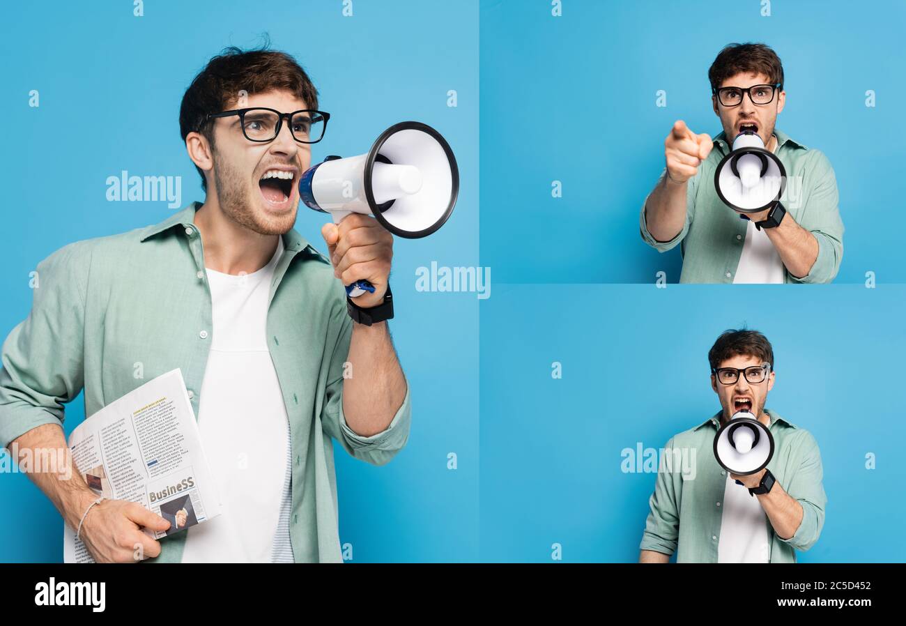 collage of angry man holding newspaper and screaming in megaphone on ...