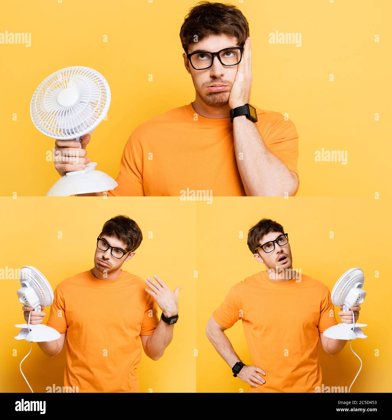 collage of exhausted young man holding electric fan while suffering ...