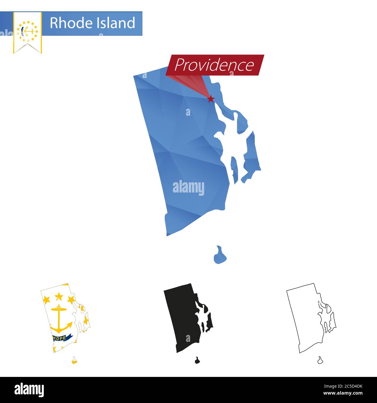 State of Rhode Island blue Low Poly map with capital Providence ...