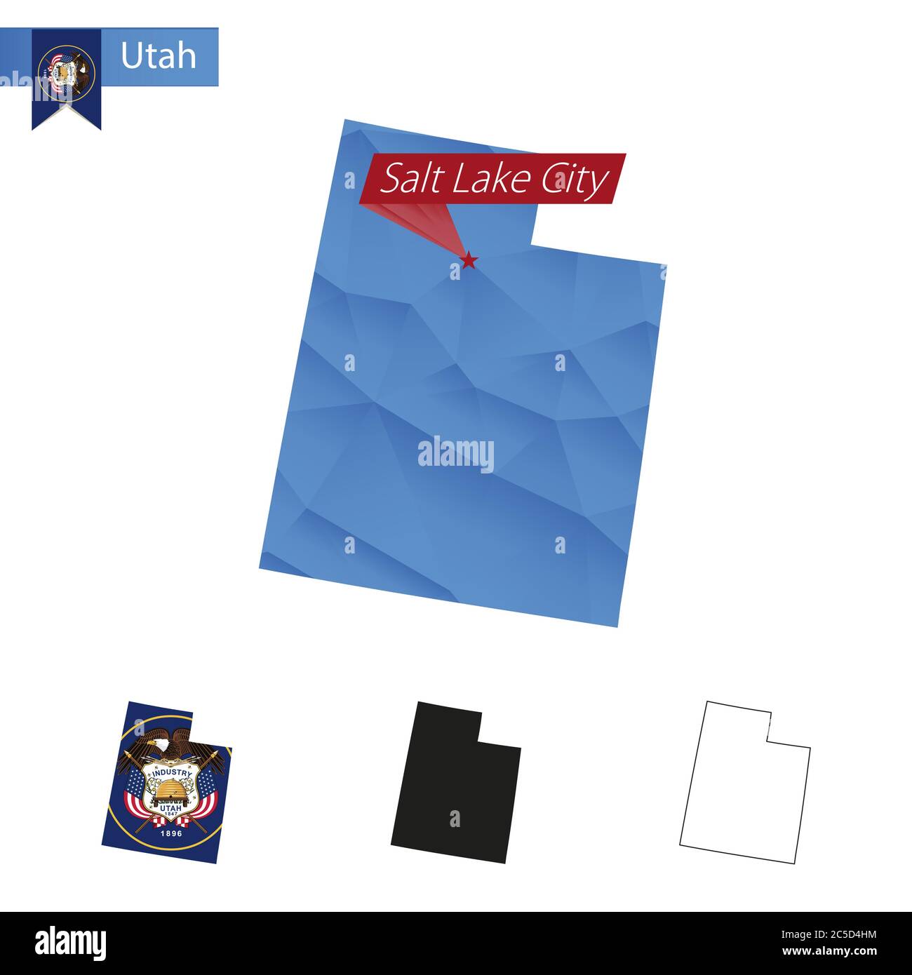State of Utah blue Low Poly map with capital Salt Lake City, versions ...
