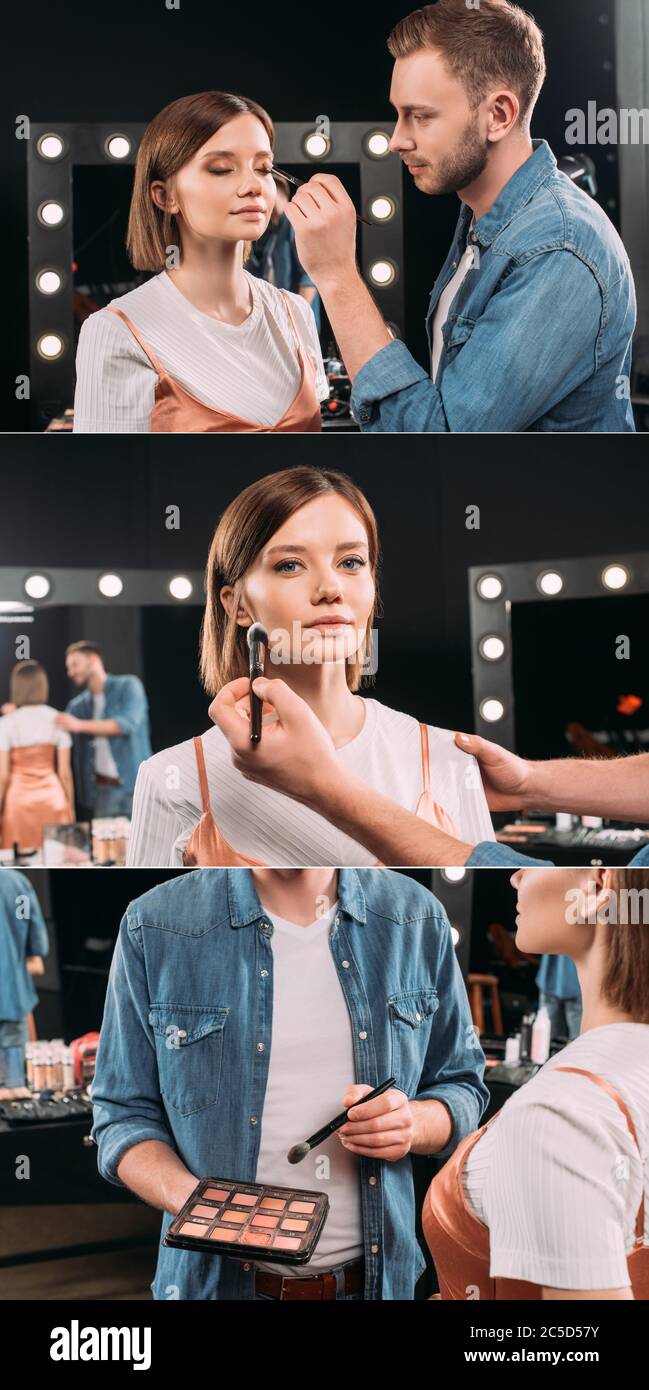 Collage of handsome makeup artist applying mascara, face powder and ...