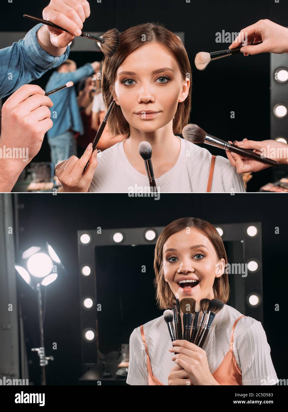 Collage of makeup artists holding cosmetic brushes and cheerful model ...