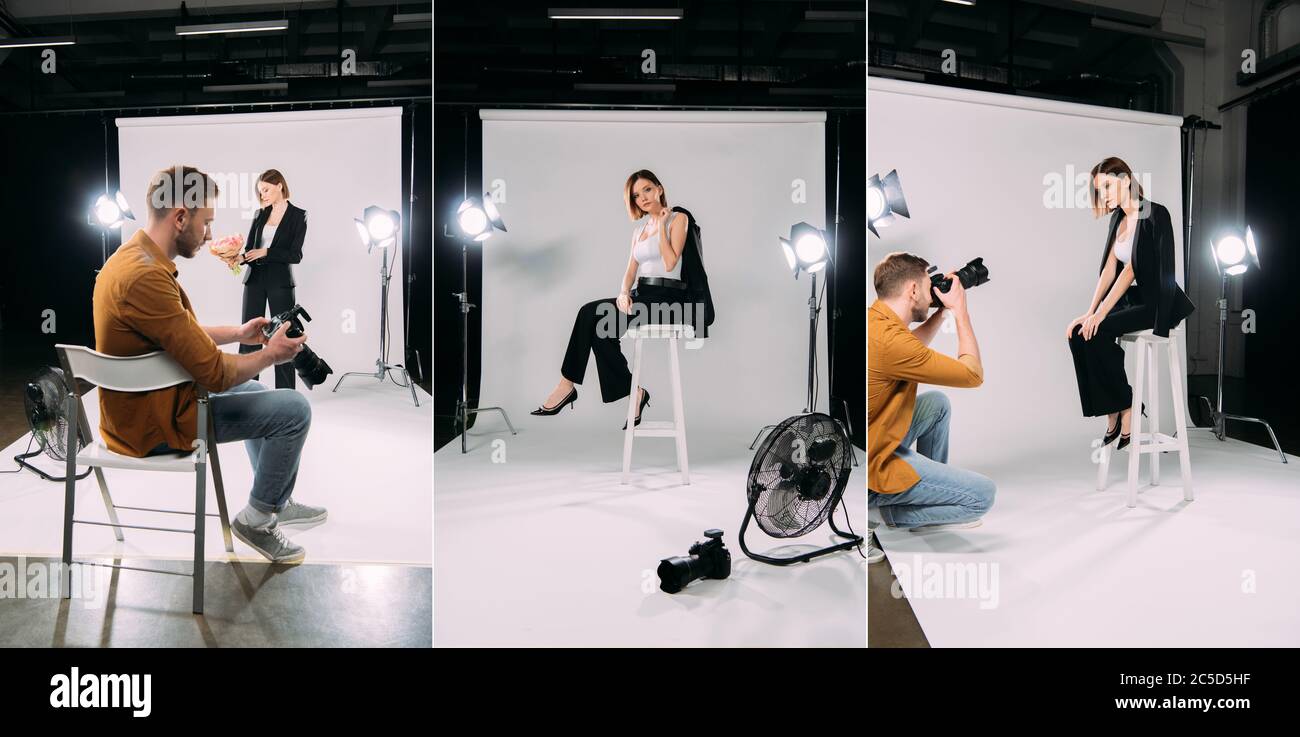 Collage of photographer and beautiful stylish model working in photo ...