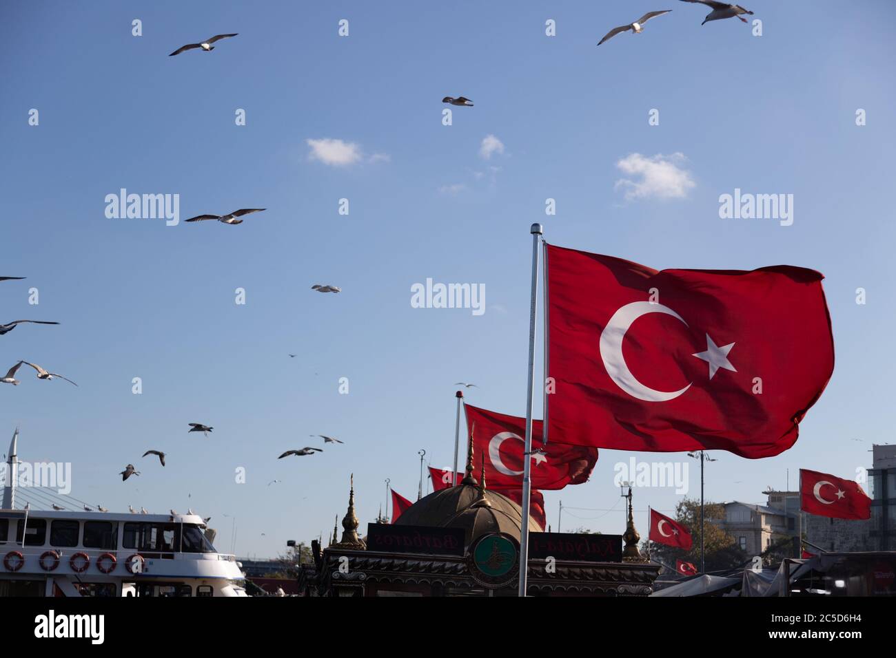 Istanbul Turkey 14.10.2019 Turkish flags flying against blue sky Stock ...