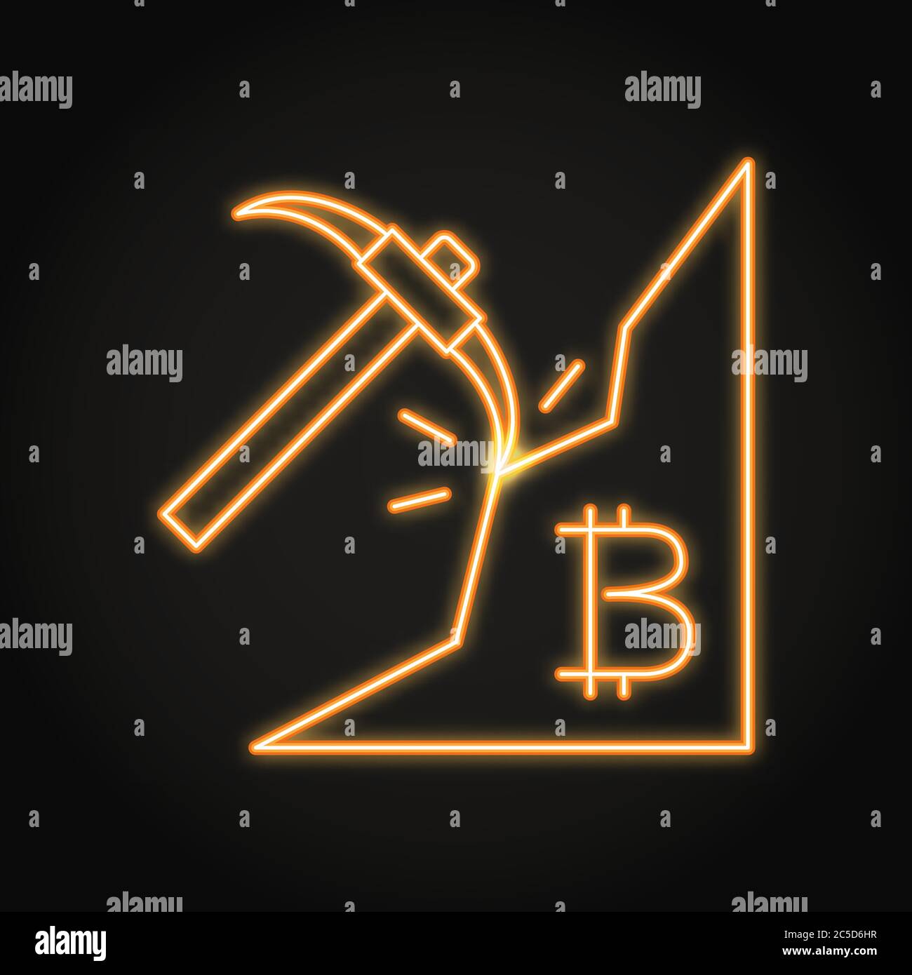 Bitcoin mining icon in neon line style. Cryptocurrency production ...