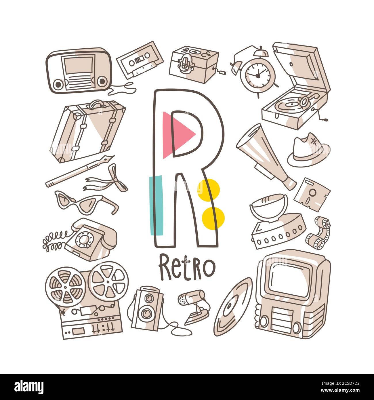 Letter R - Retro, cute alphabet series in doodle style, vector ...