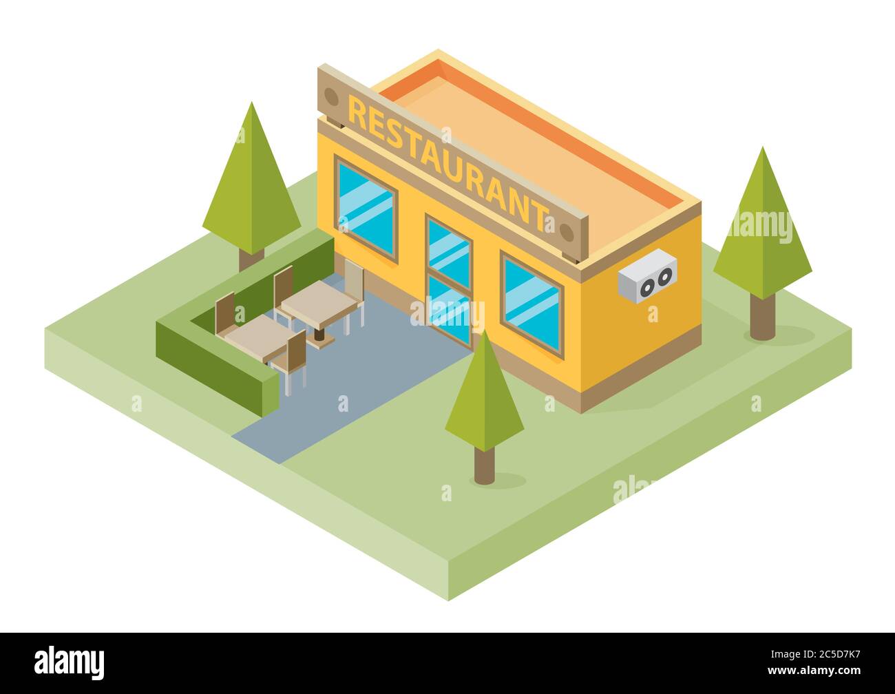 Flat isometric restaurant building with tables and chairs isolated on ...
