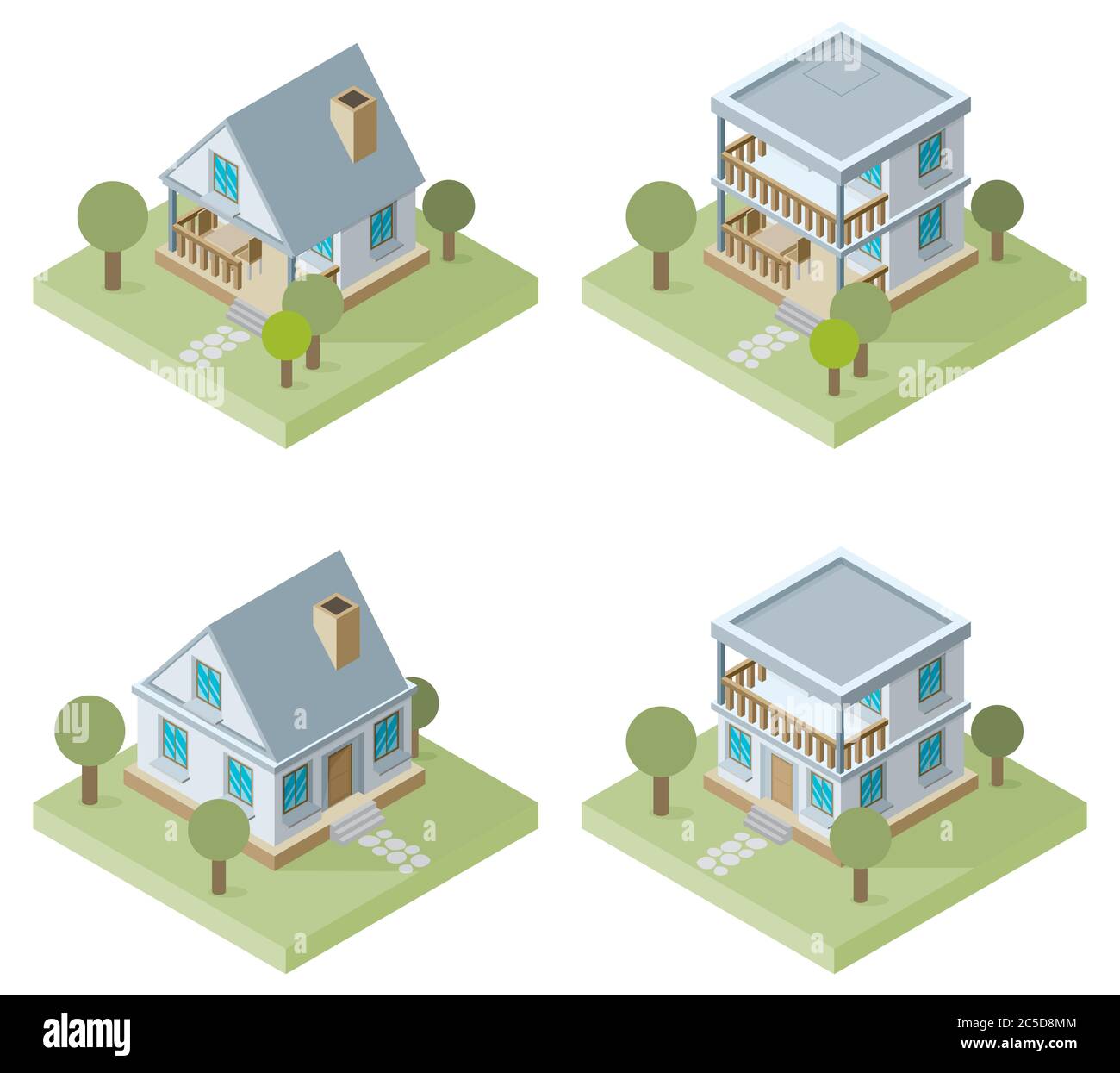 Private house real estate decorative icons set 3d isometric isolated ...