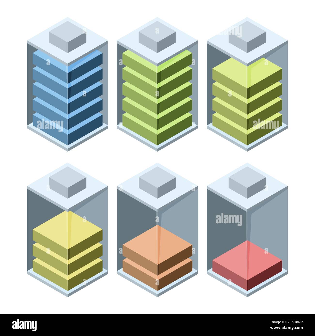 set of stylish isometric battery charge icons isolated in white ...