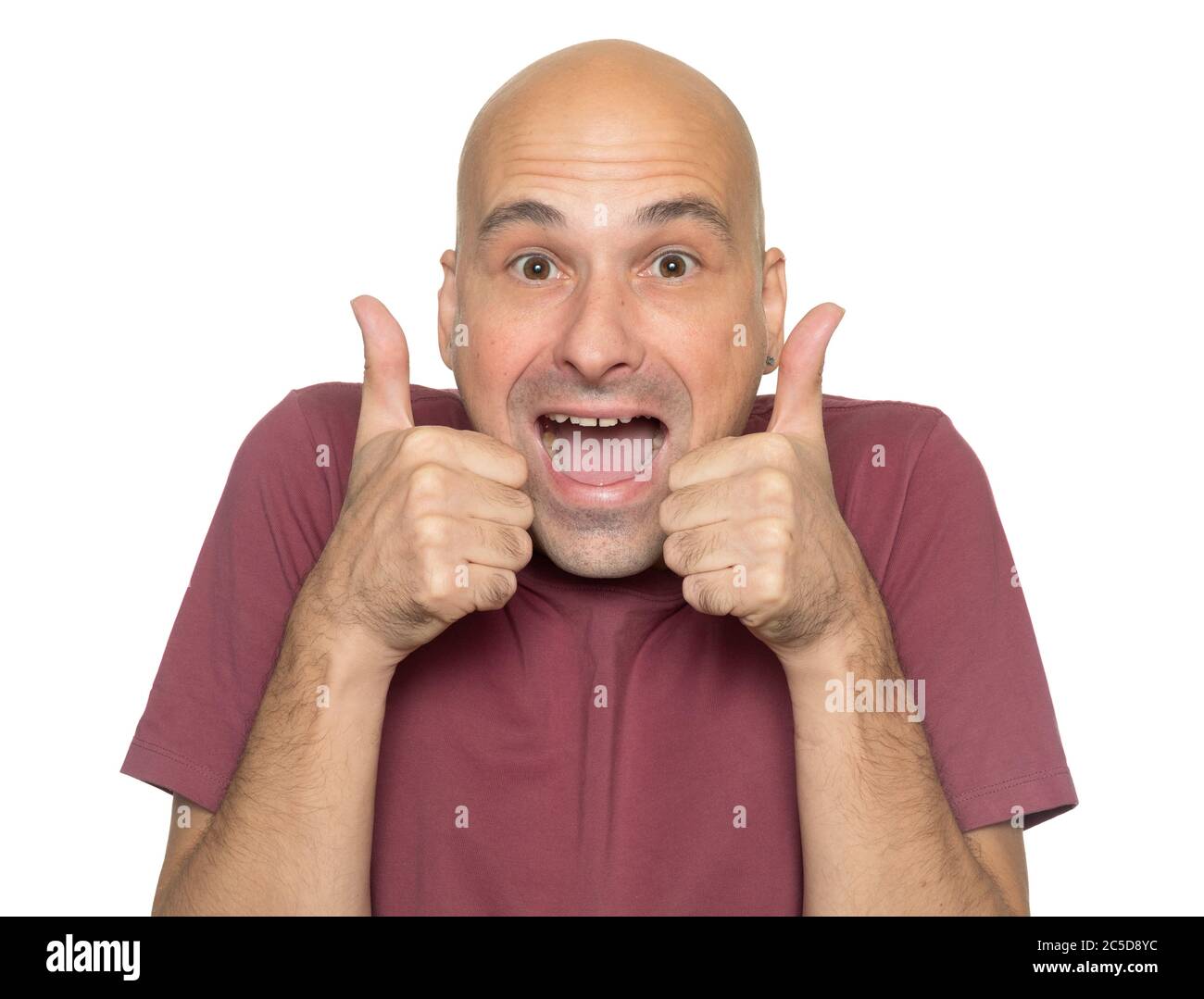 excited bald man showing thumbs up. Isolated Stock Photo - Alamy