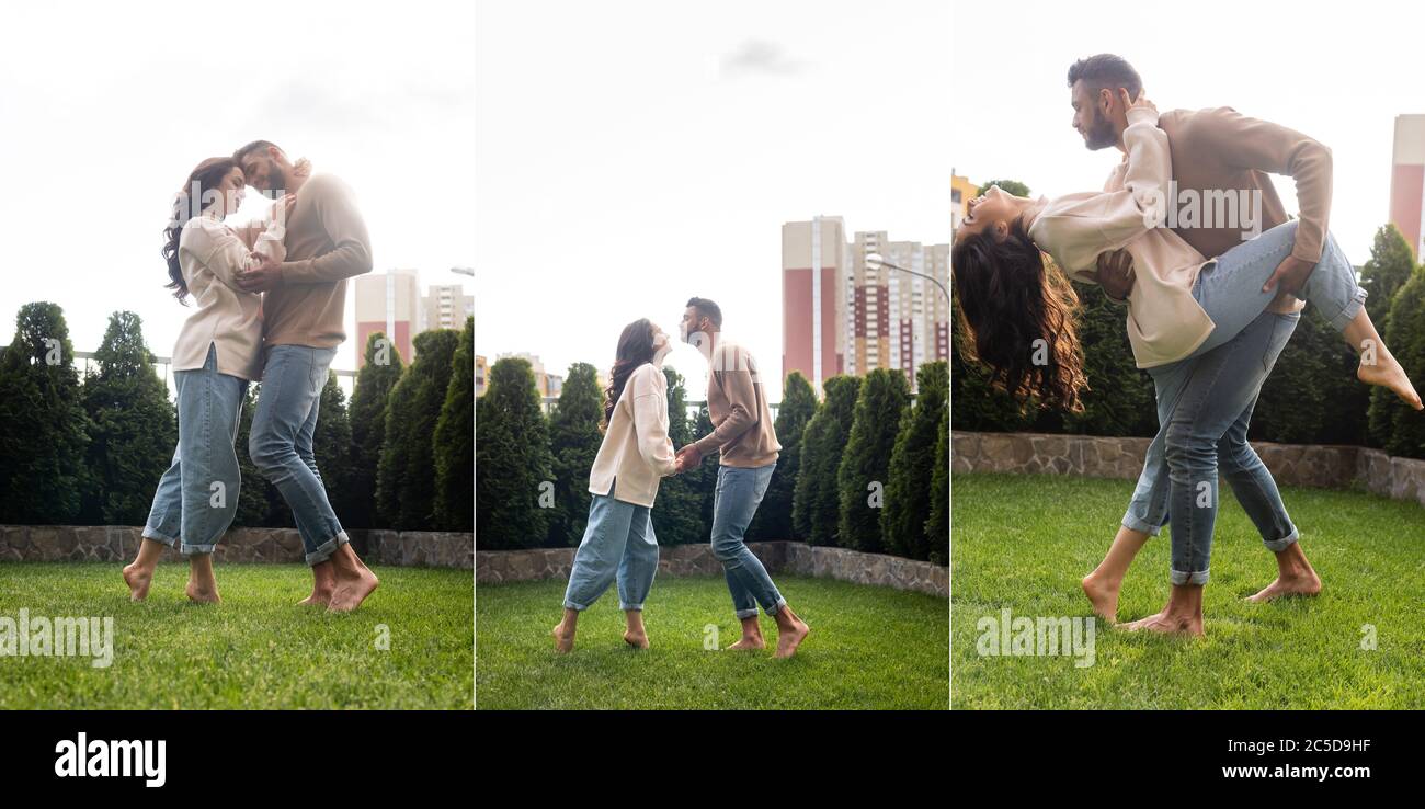 collage of couple dancing on grass outside Stock Photo - Alamy